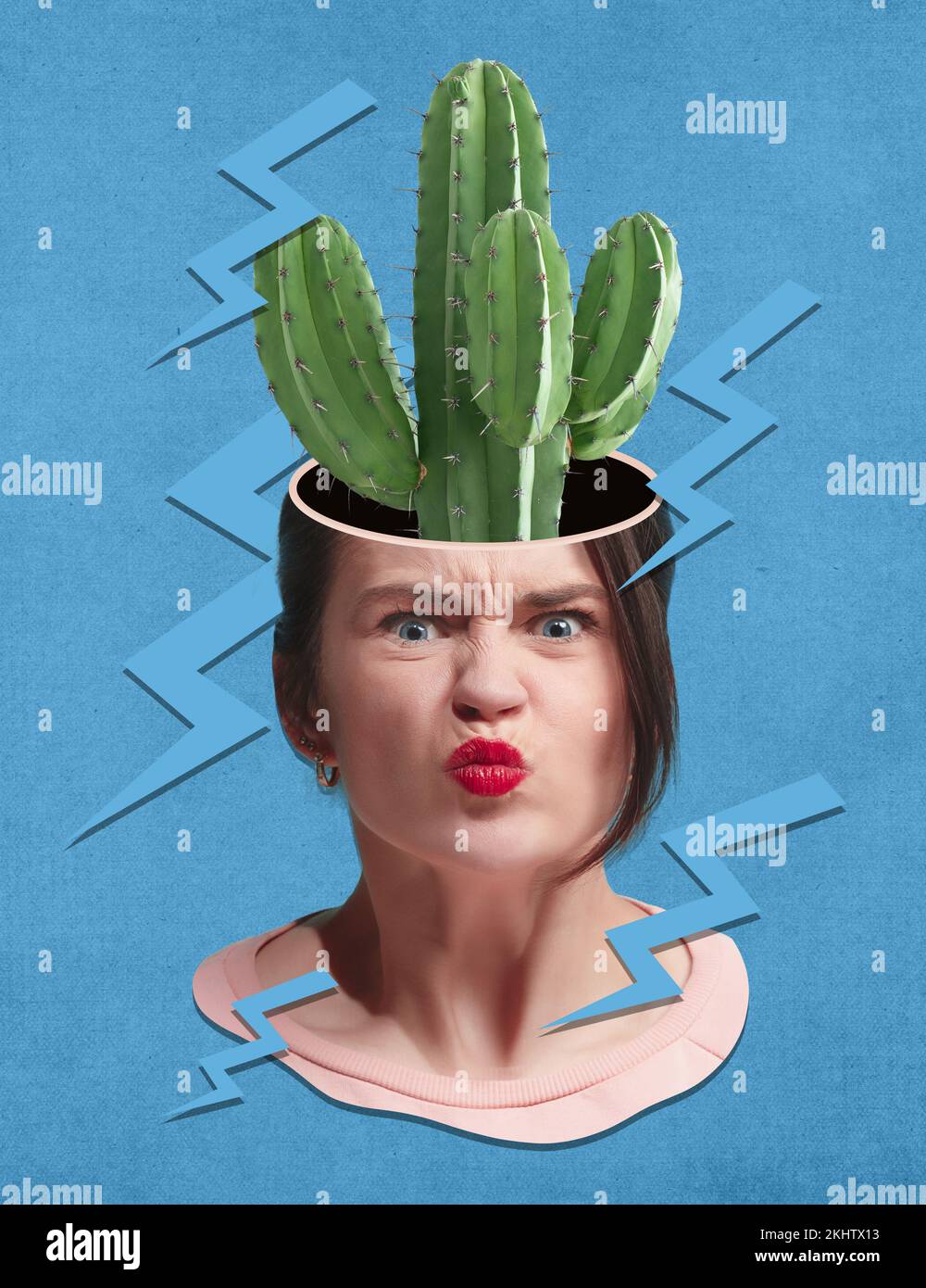 Contemporary art collage. Creative design. Young woman expressing anger ...