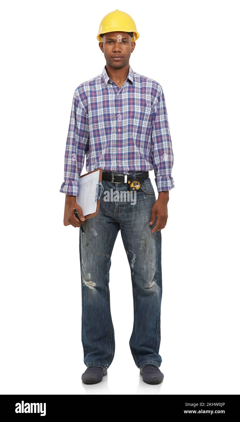 Construction worker, studio portrait and checklist by white background ...