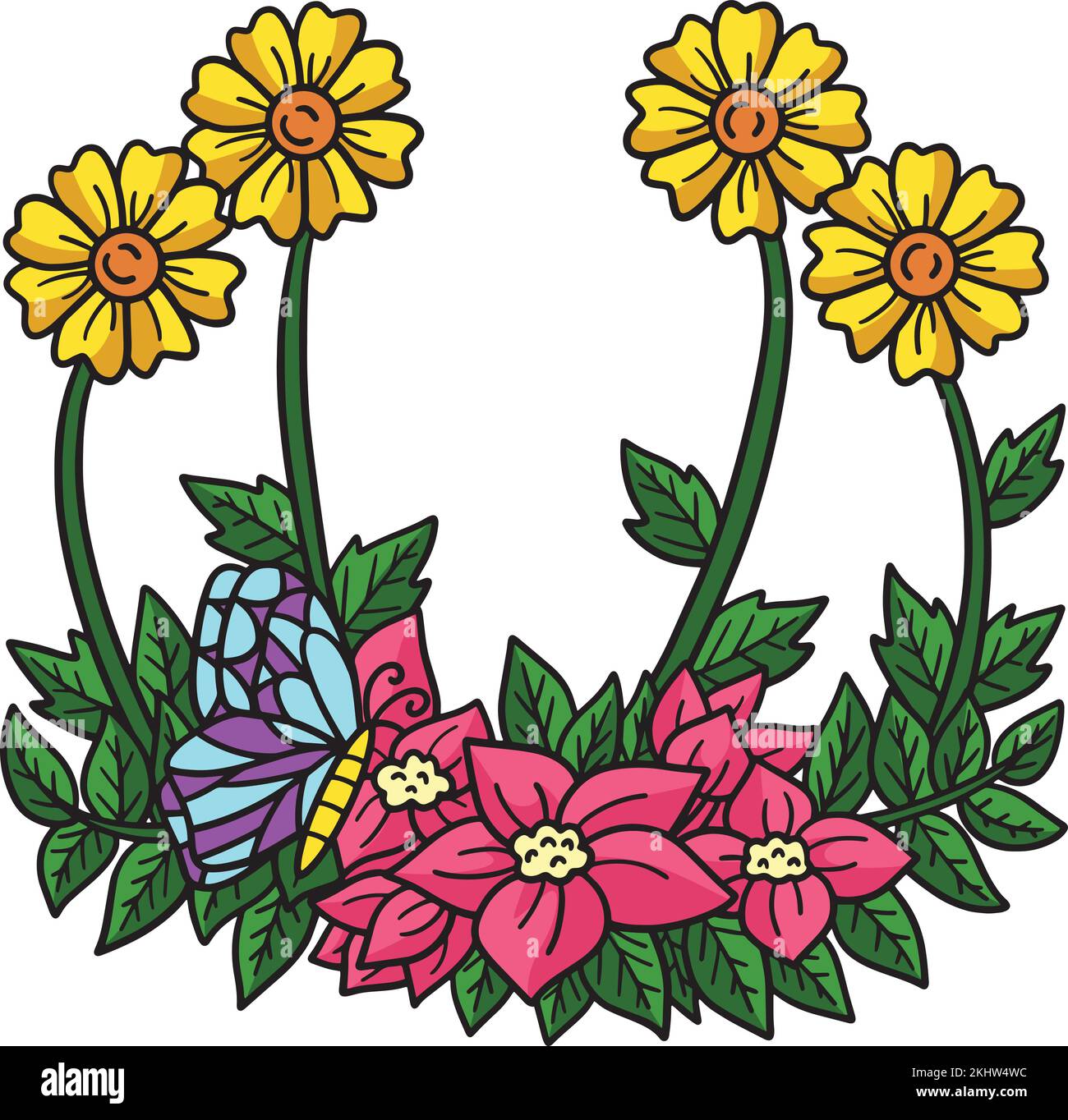 Flower with Butterfly Cartoon Colored Clipart Stock Vector Image & Art ...