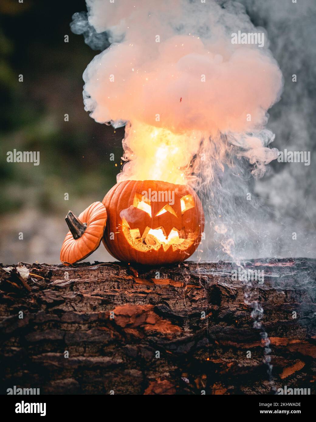 A vertical closeup of a lighting up pumpkin on a tree trunk smoke ...