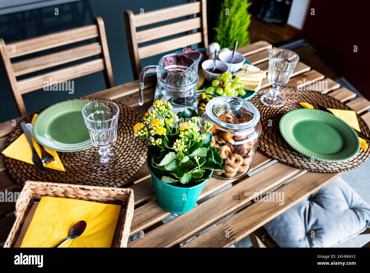 Rustic table ready decorated with taralli. Wooden table with empty ...