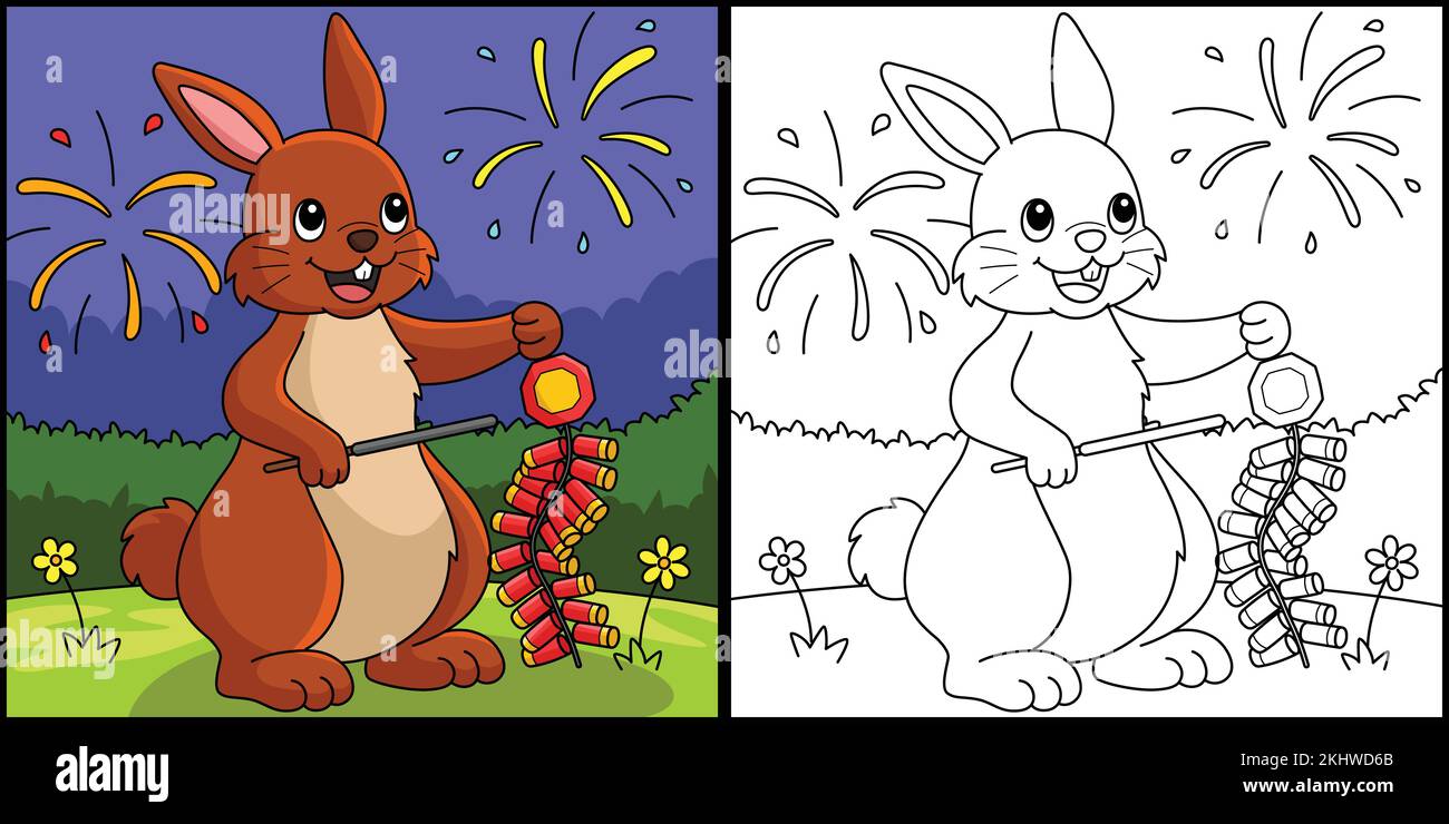 Rabbit Holding Fireworks Coloring Illustration Stock Vector Image & Art ...