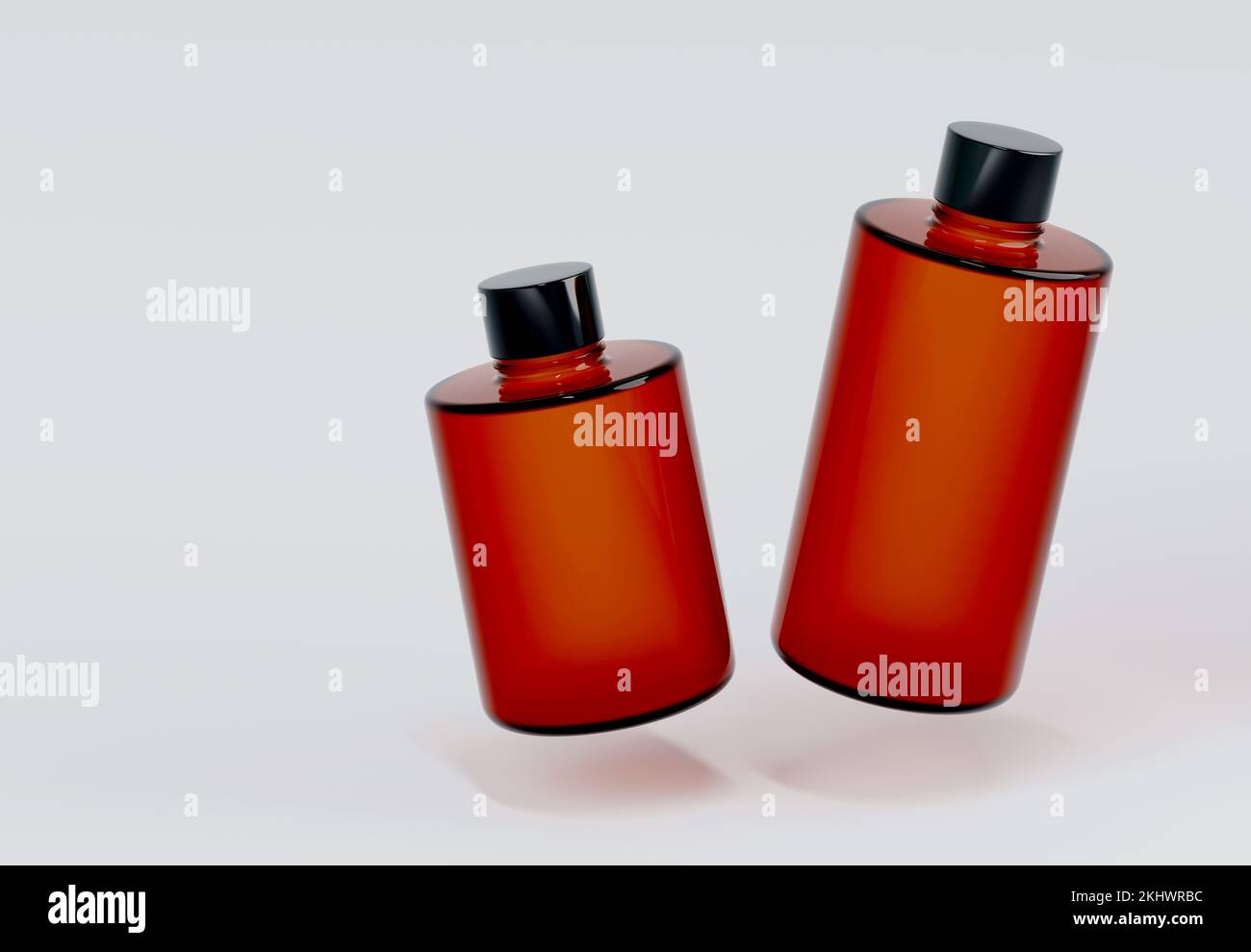 Two plastic shampoo bottles floating on gray background 3D render ...