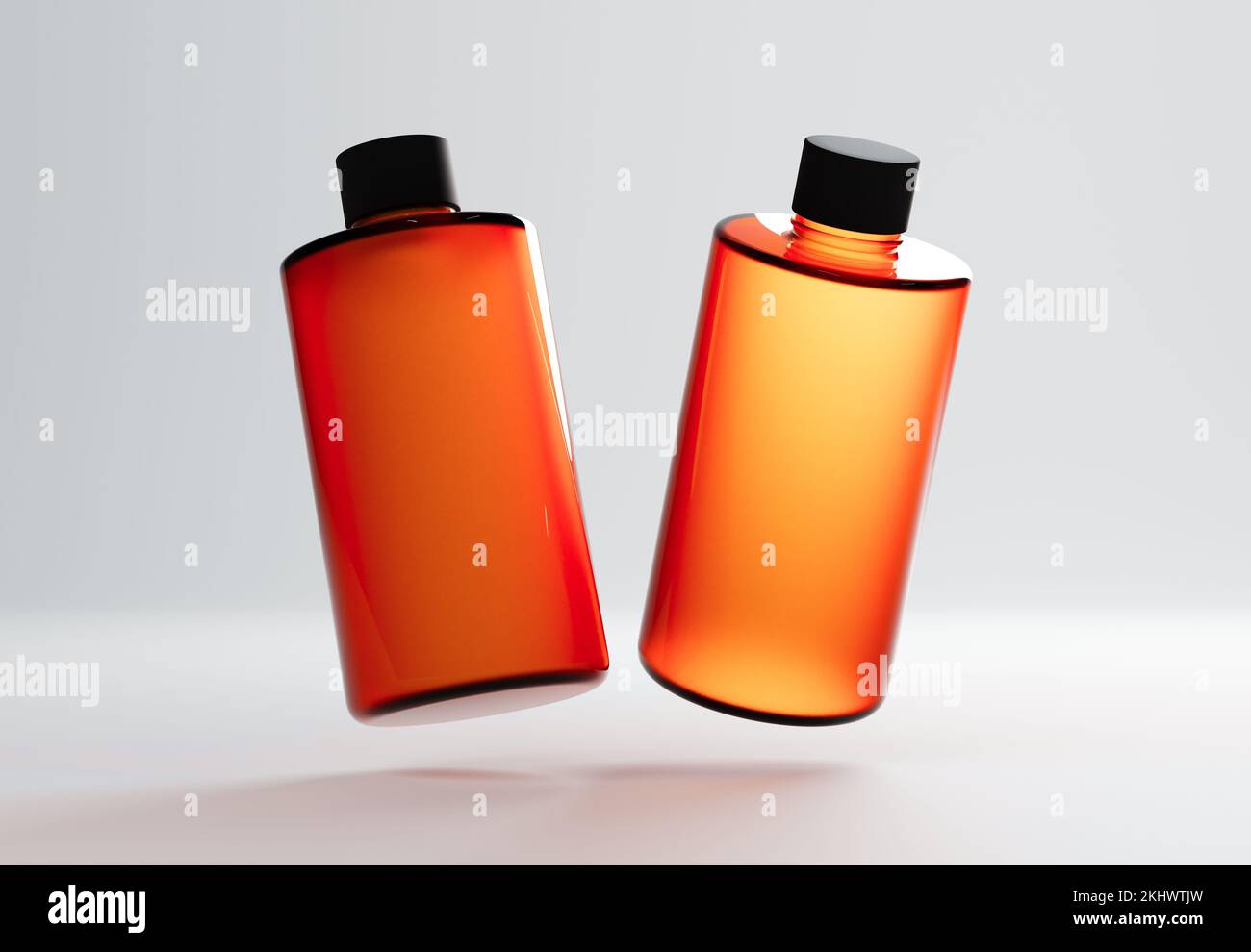 Two plastic shampoo bottles floating on gray background 3D render ...