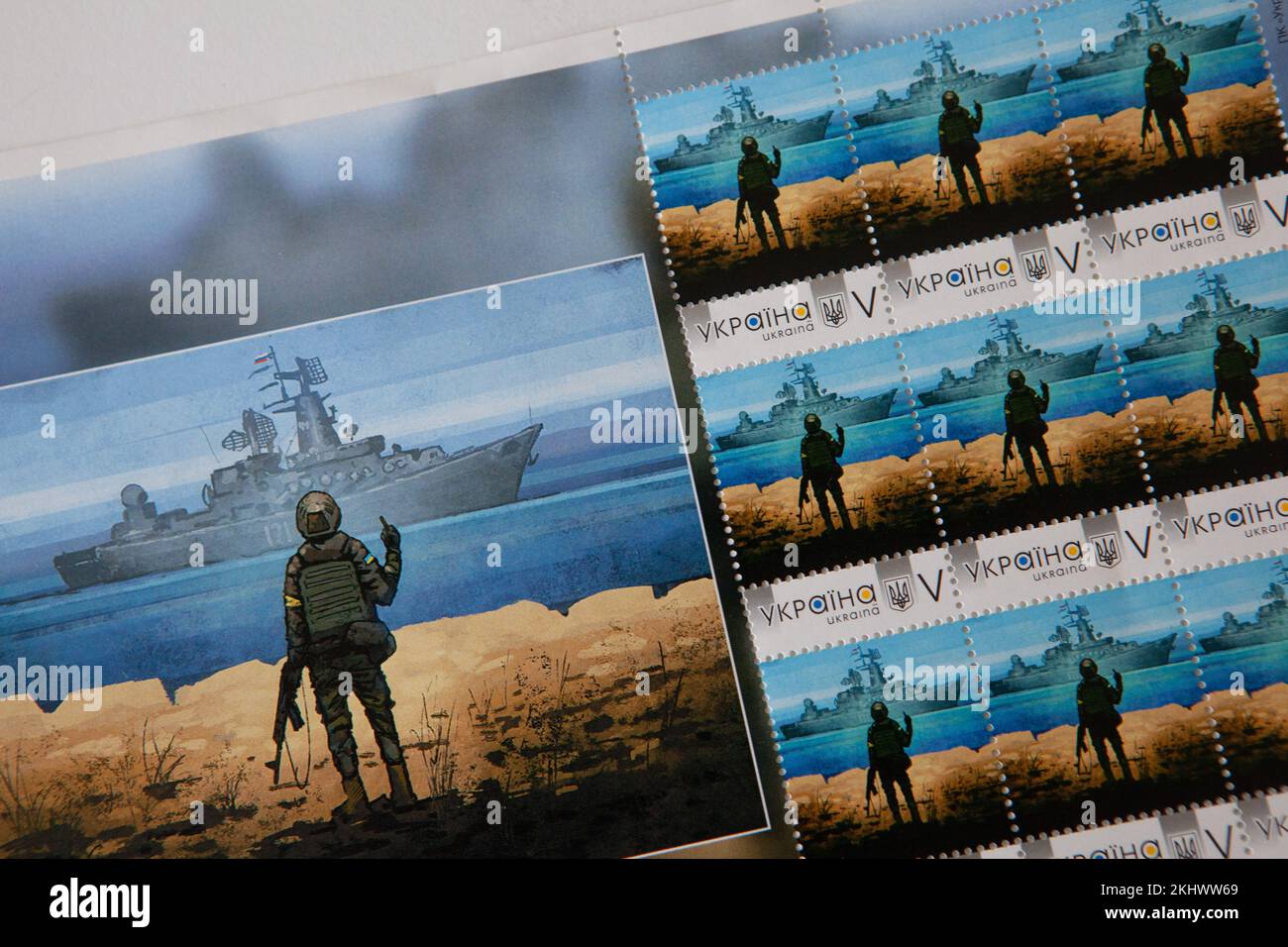A souvenir sheet of Ukrainian stamps commemorating the famous incident ...