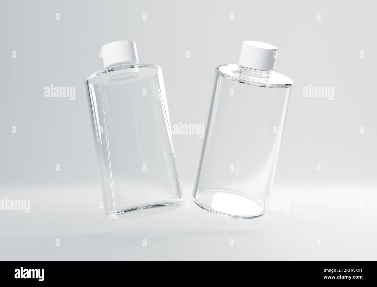 Two plastic shampoo bottles floating on gray background 3D render ...