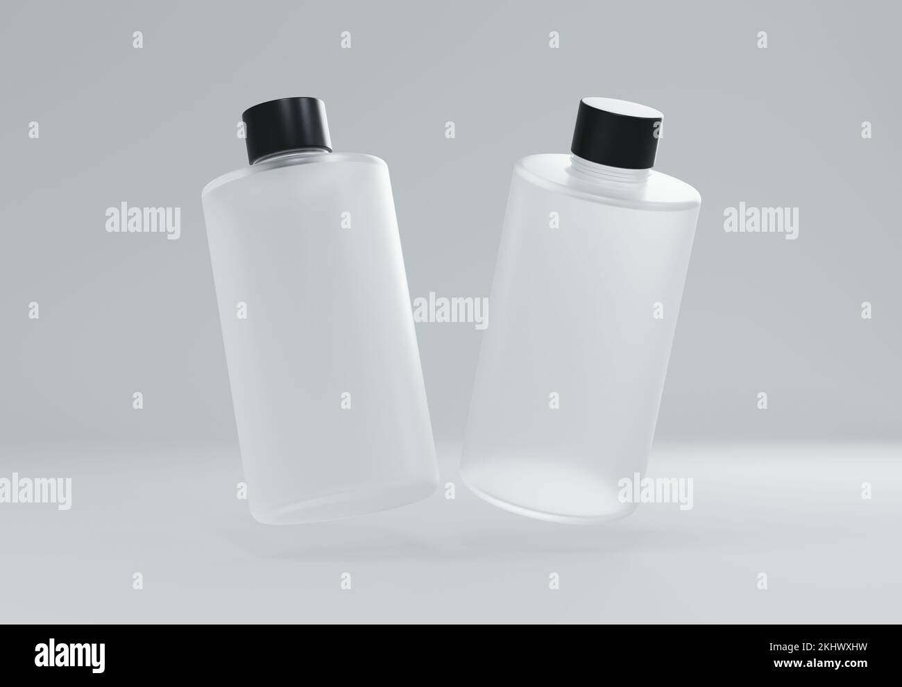 Two plastic shampoo bottles floating on gray background 3D render ...