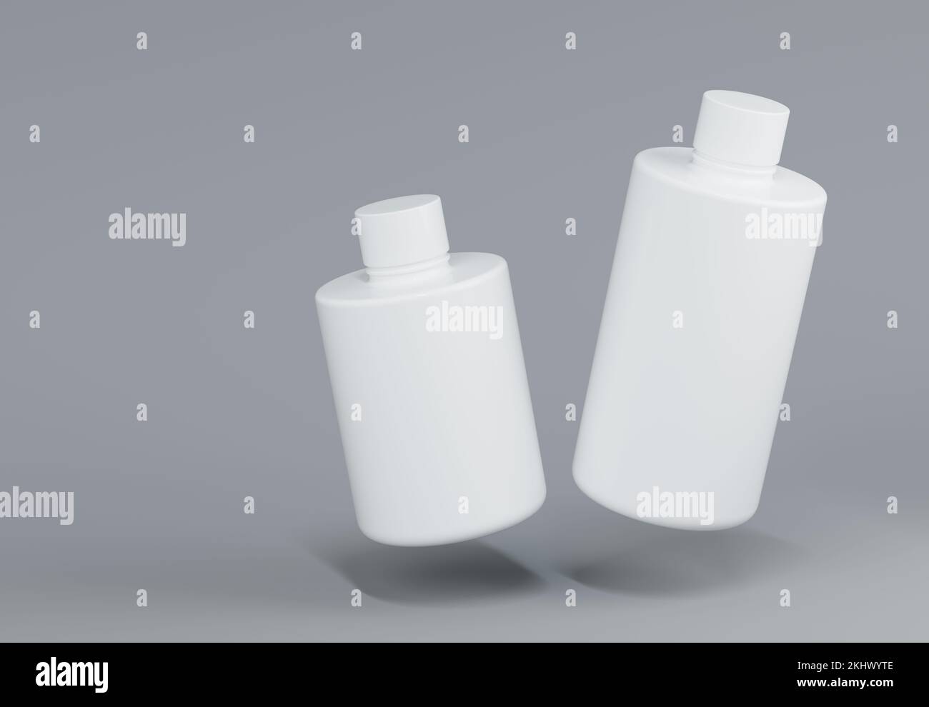 Two plastic shampoo bottles floating on gray background 3D render ...