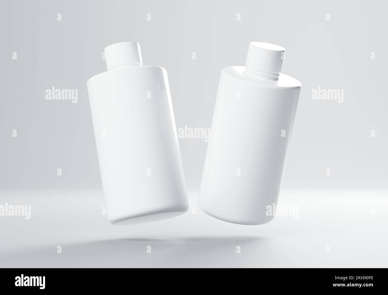 Two plastic shampoo bottles floating on gray background 3D render ...