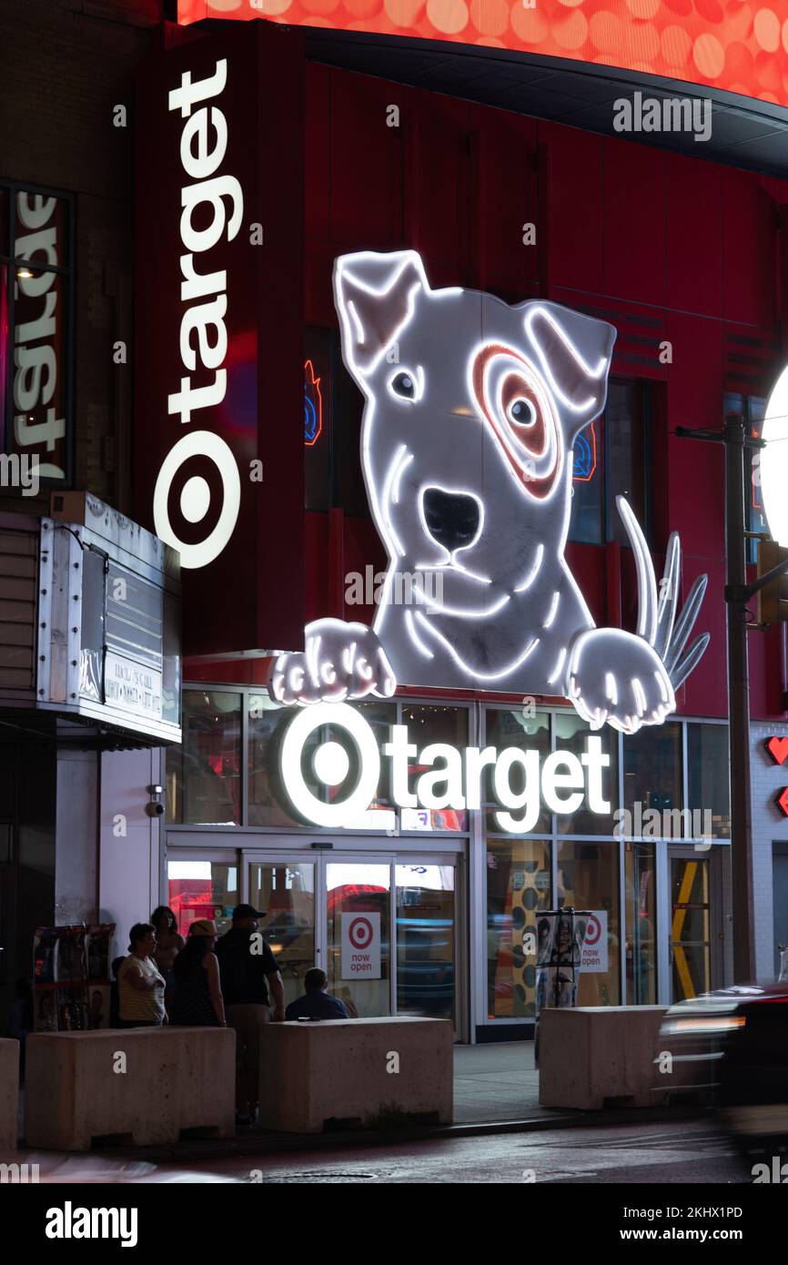 A vertical shot of a Target shop in Times Square with a bright white ...