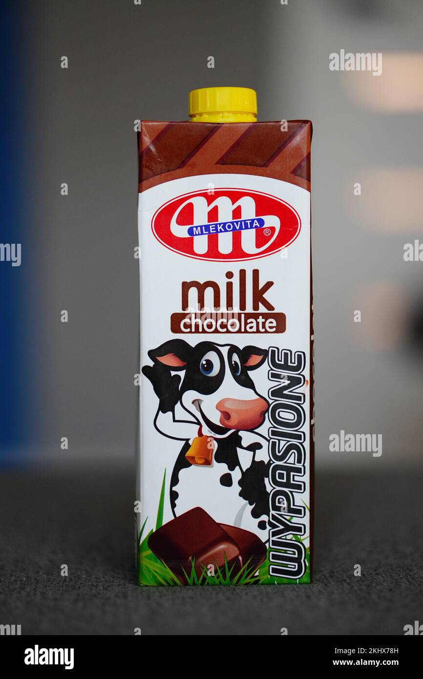 A vertical shot of a Polish Mlekovita Wypasione brand milk chocolate in ...
