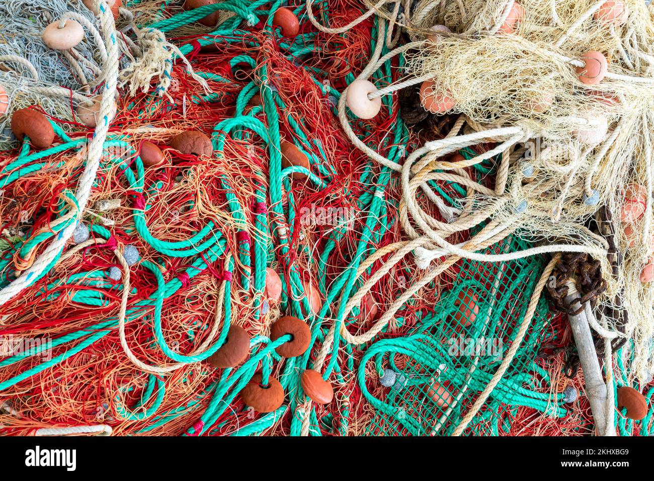 Colorful fishing nets abstract close up, coastal pattern and background ...