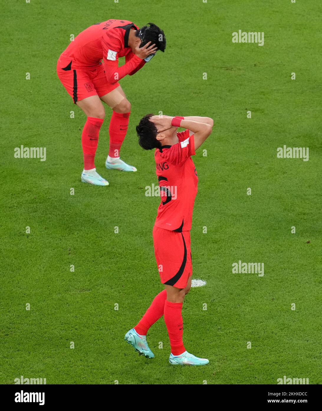 South Korea's Hwang Ui-jo (bottom) reacts after a missed chance during ...