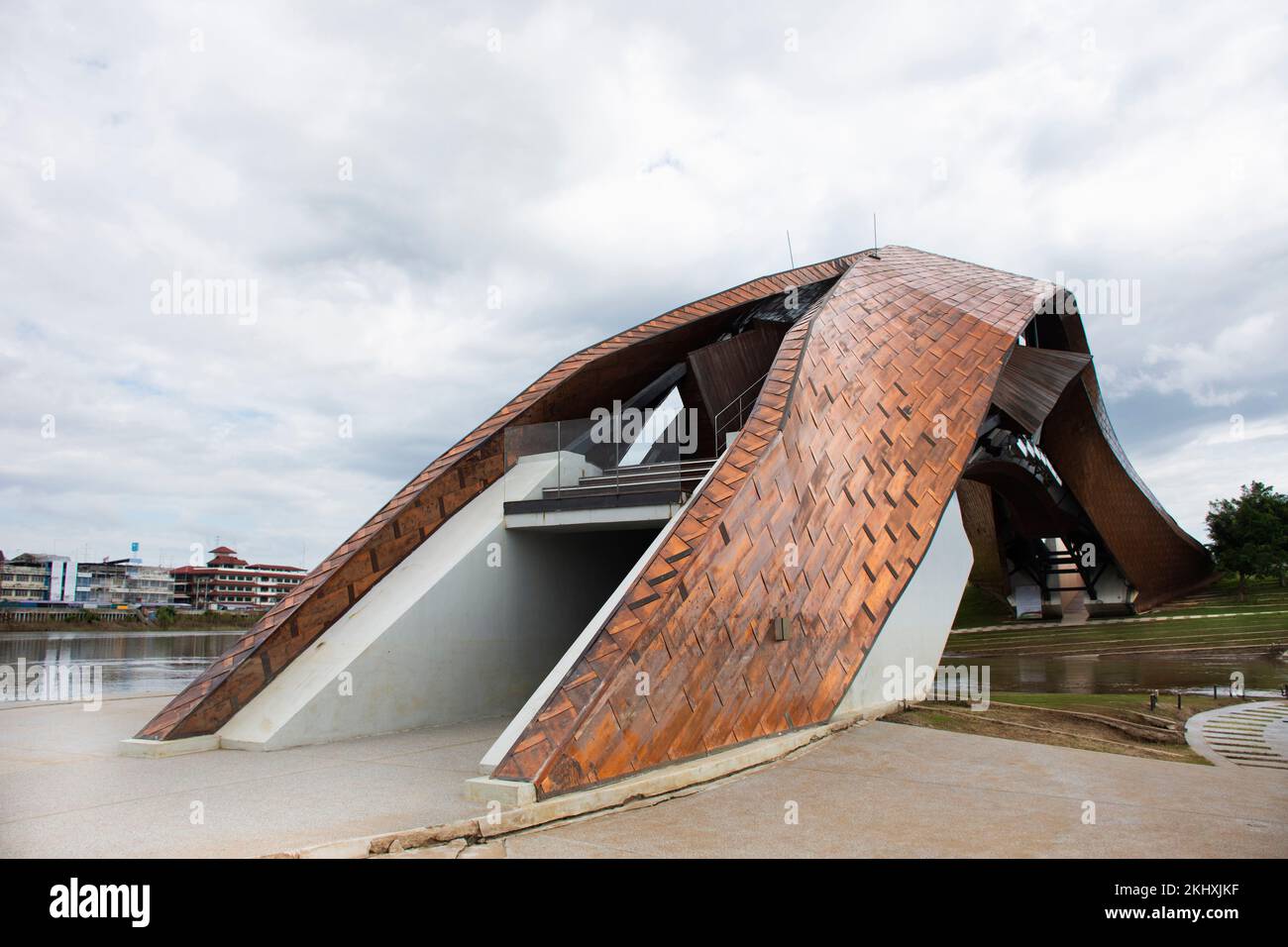 Exterior art design of landmarks Pa San or Pasan wooden bridge for thai ...