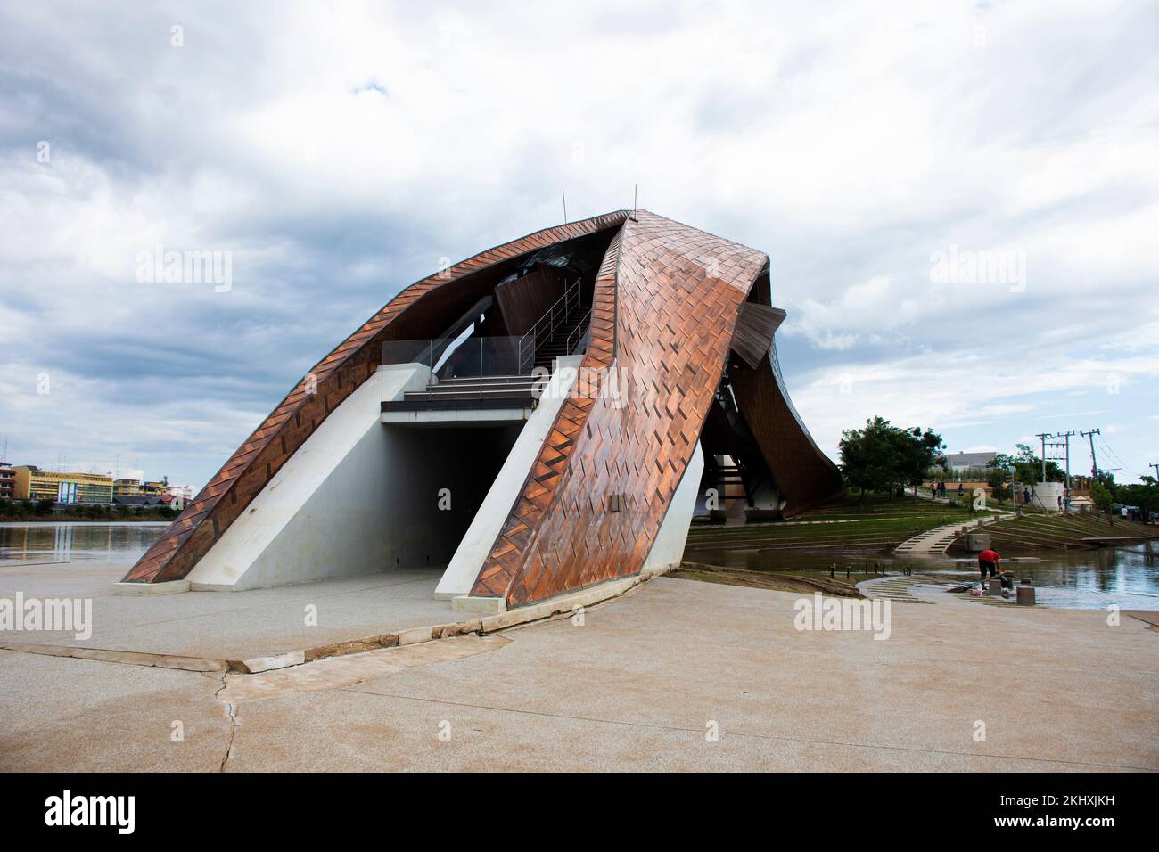 Exterior art design of landmarks Pa San or Pasan wooden bridge for thai ...