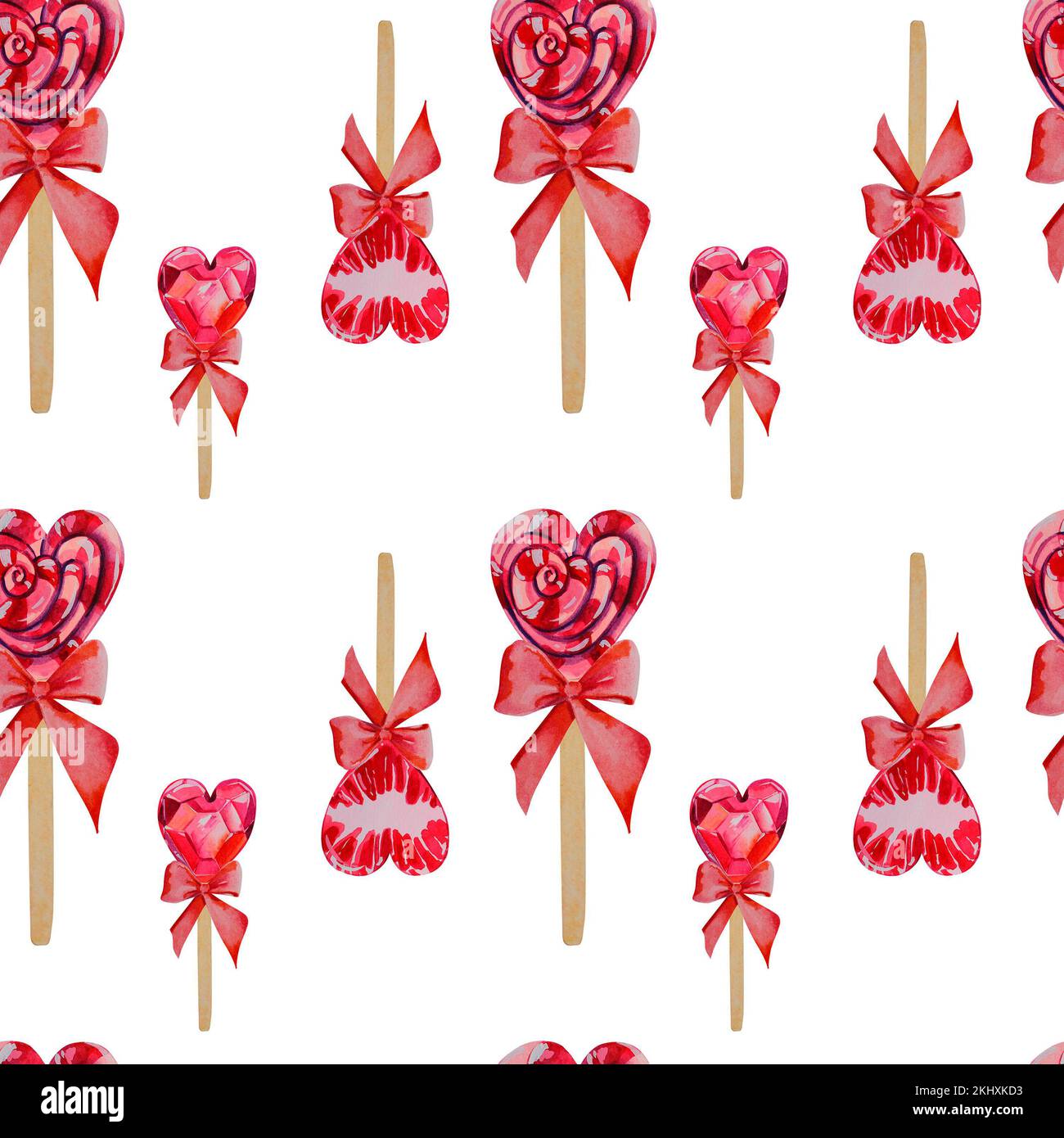 A pattern of lollipops in the form of hearts on a white background. Red ...