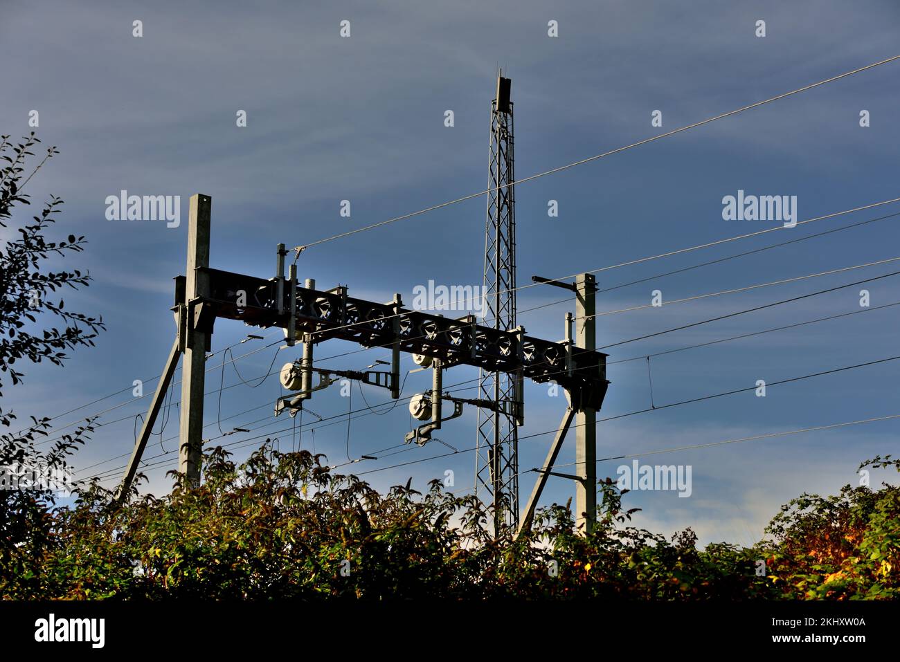 Overhead line equipment in Wiltshire, part of the railway ...