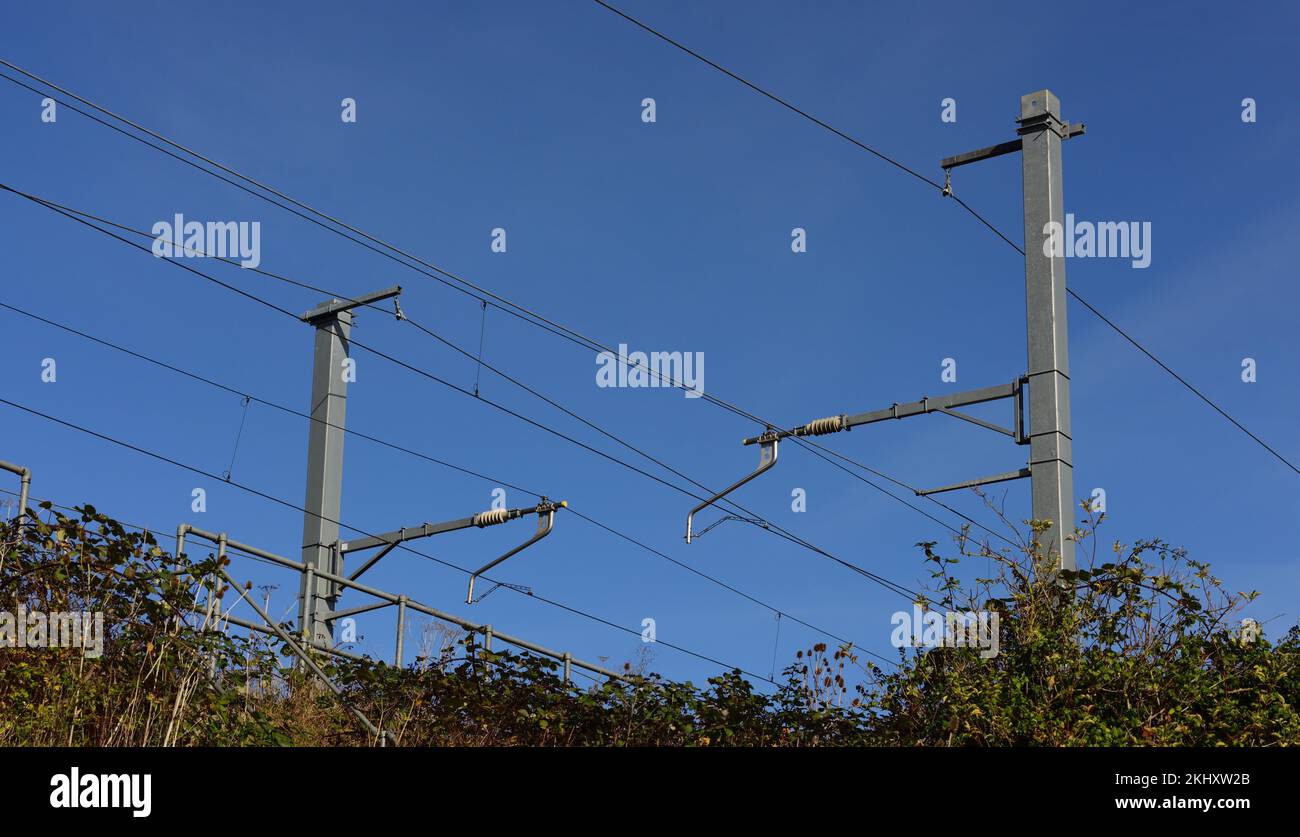 Overhead line equipment in Wiltshire, part of the railway ...