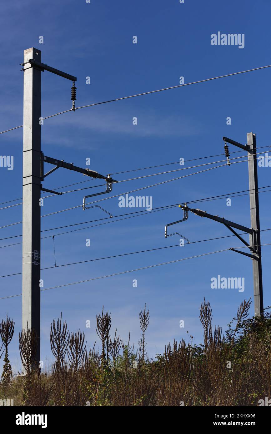 Overhead line equipment in Wiltshire, part of the railway ...