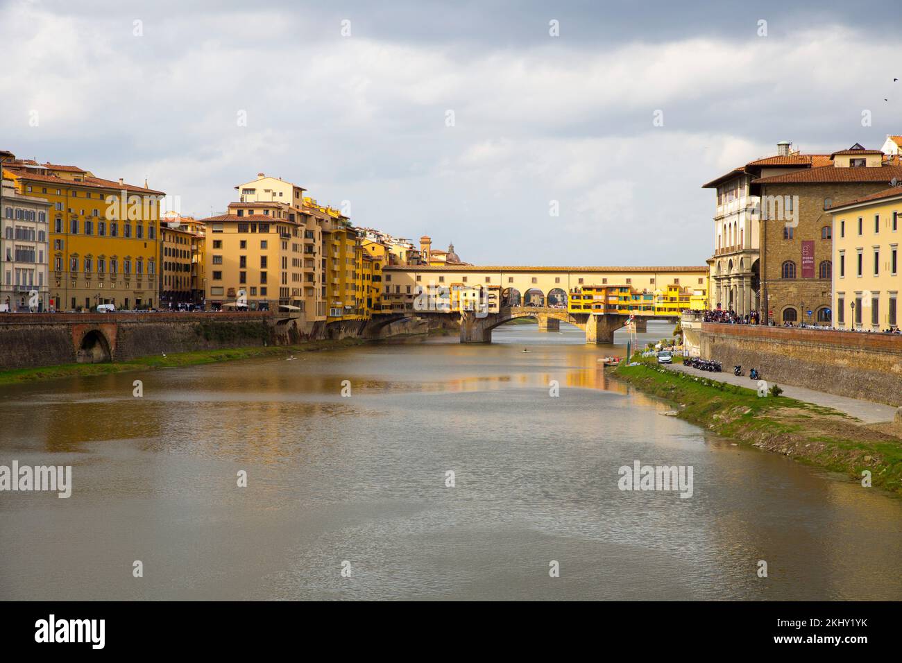 The Ponte Vecchio is an oldest Florentine medieval stone bridge over the Arno River, in Florence ...