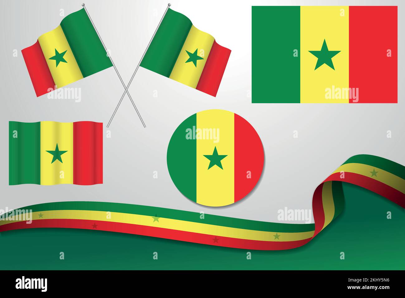 A vector set of different designs of the Senegalese National Flag in the shape of icons, flags ...