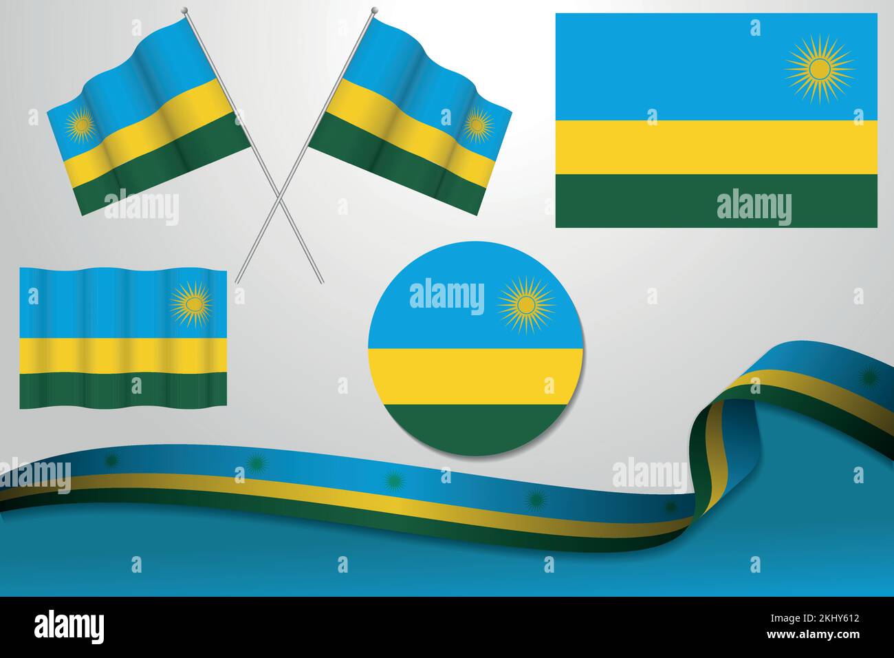 A vector set of different designs of the Rwandan National Flag in the shape of icons, flags, and ...