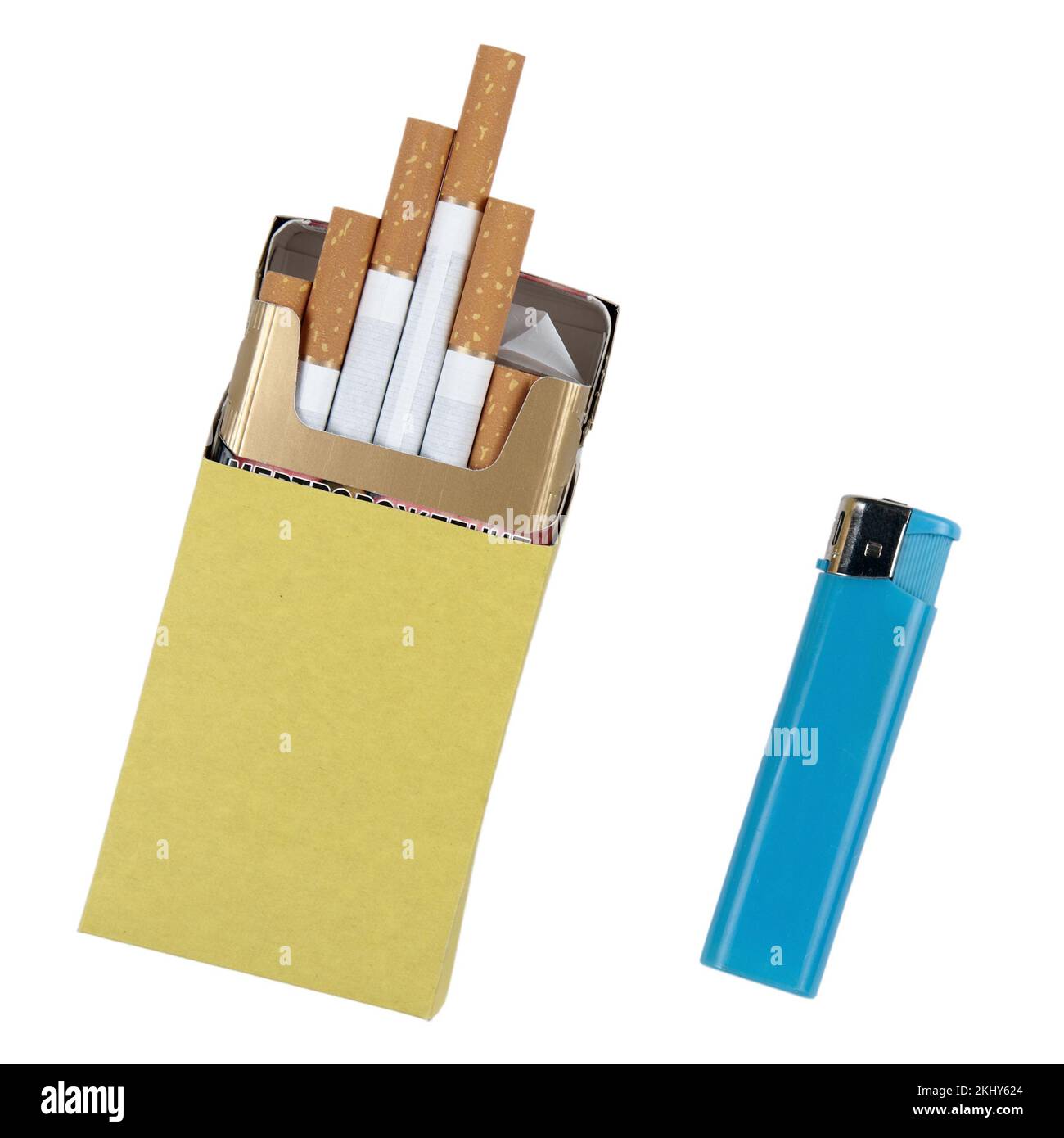 Yellow pack of cigarettes and blue plastic gas lighter isolated on white background with ...