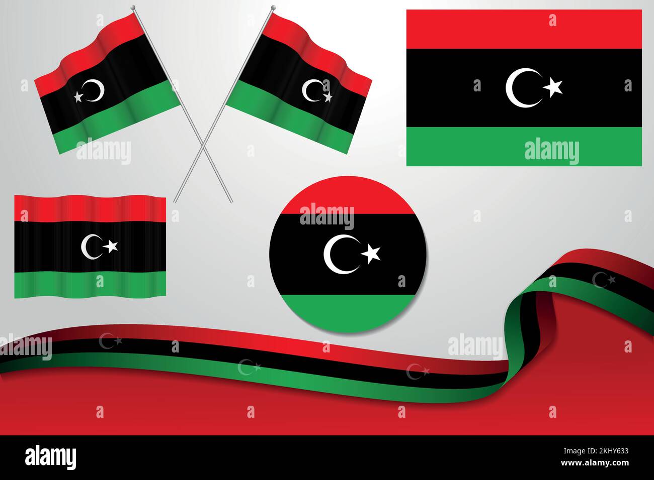 A vector set of different designs of the Libyan national flag in the shape of icons, flags, and ...