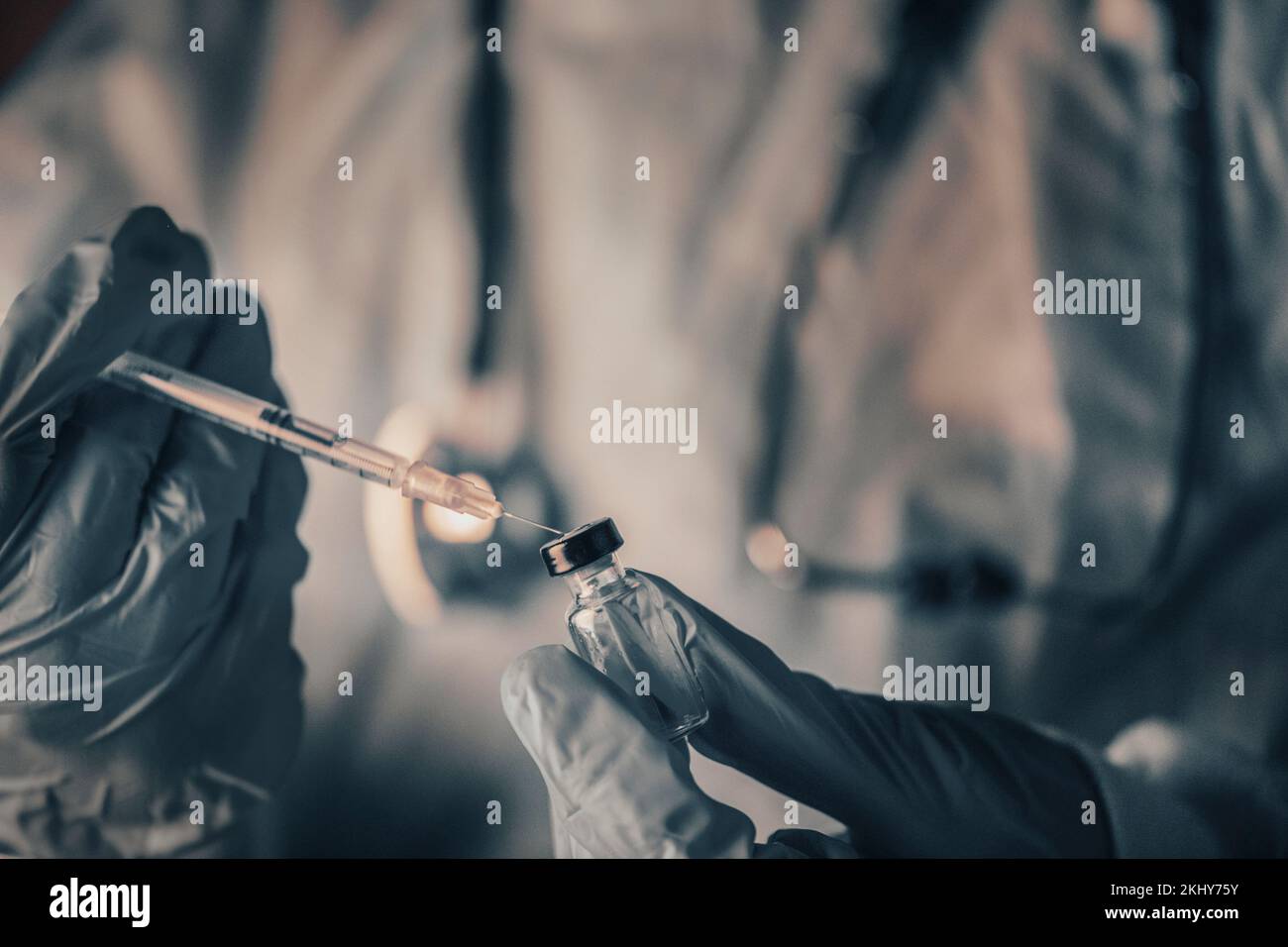 Medical hand glove blue vial vaccine hypodermic needle syringe ...