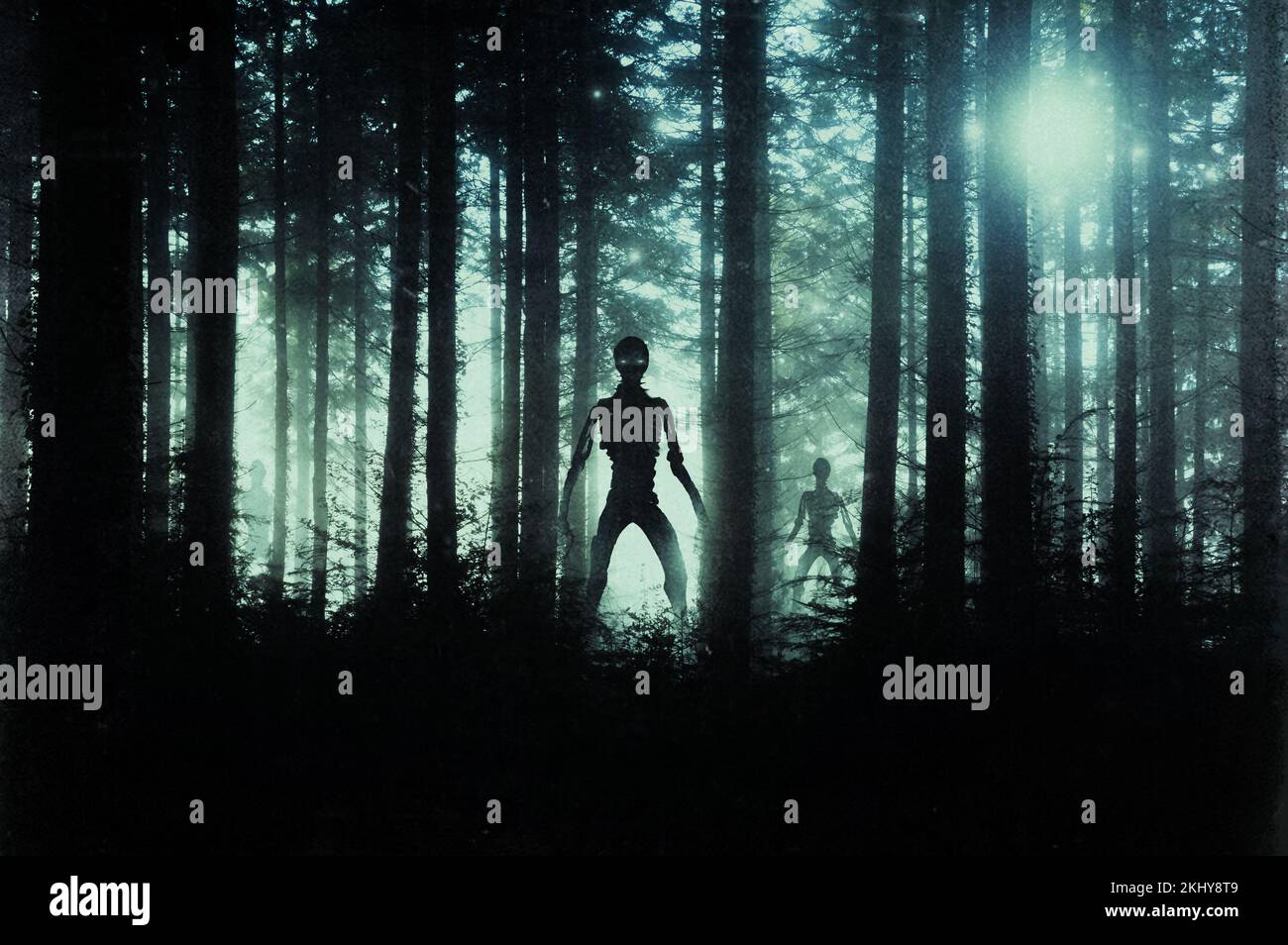 Horror, sci fi concept of alien monsters standing in a forest ...