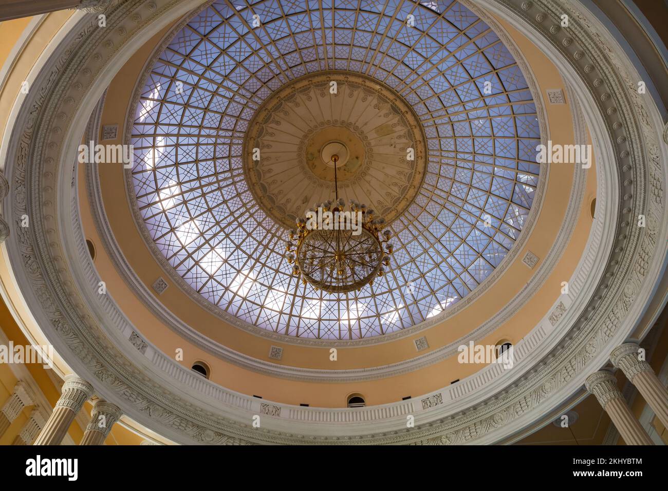 A low-angle closeup of glass roof of Tiffany Dome cultural center in ...