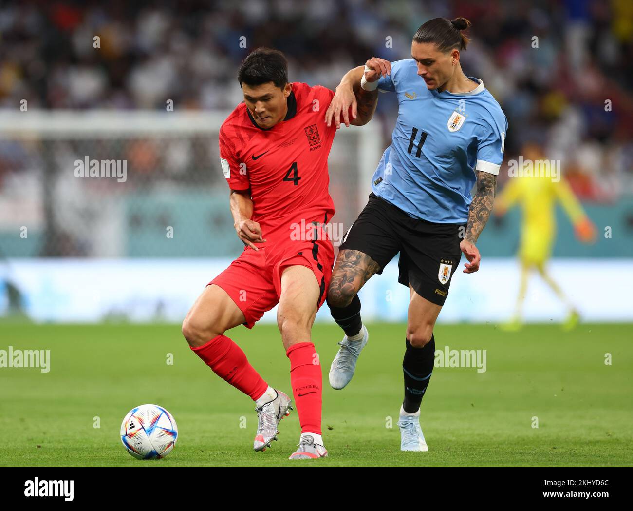 Ar Rayyan, Qatar. 24th Nov, 2022. Minjae Kim of Korea intercepts Darwin ...