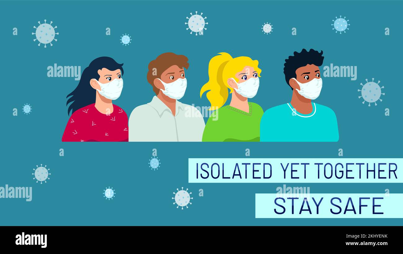 People of different ethnicities, men and women, standing together wearing protective facial ...