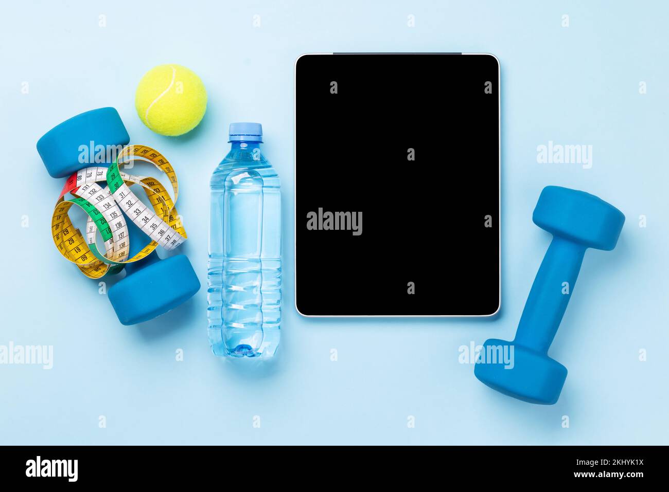Fitness and healthy diet concept. Flat lay with tablet for your fitness ...
