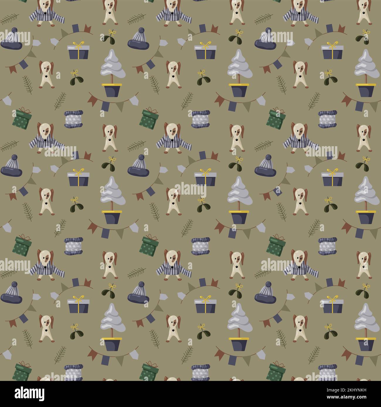 Christmas seamles pattern with tree, santa, decoration, gifts ...