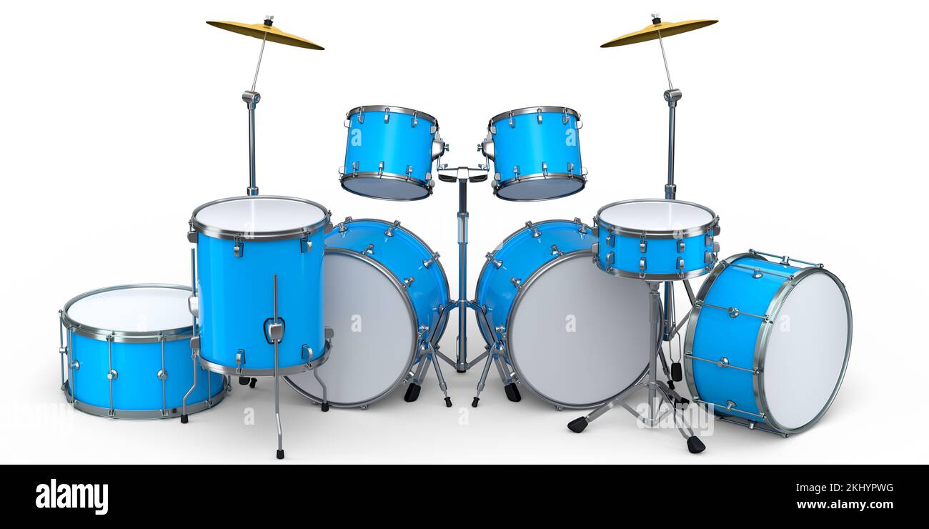 Set of realistic drums with metal cymbals on white background. 3d ...