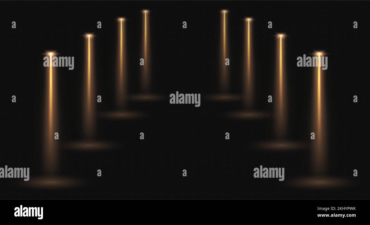 Stage spotlights, realistic light corridor, shiny yellow beams overlay ...