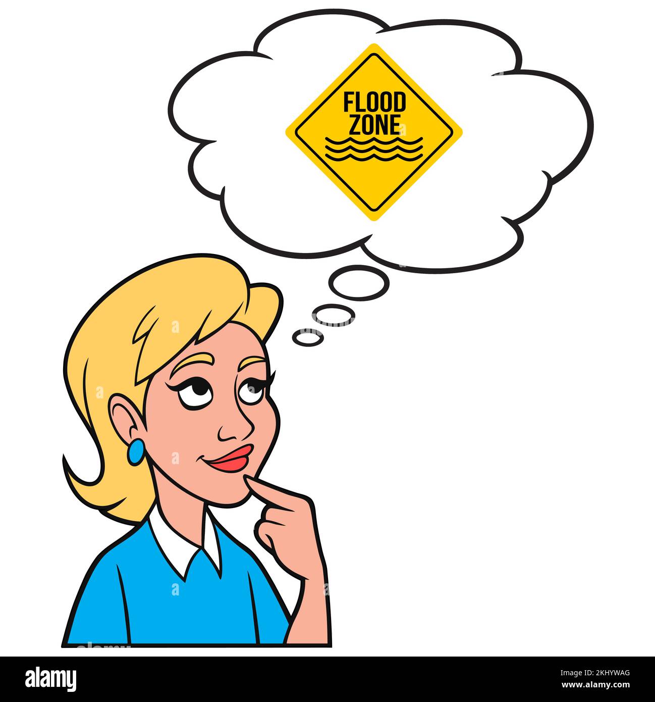 Girl thinking about a Flood Zone Sign - A cartoon illustration of a ...