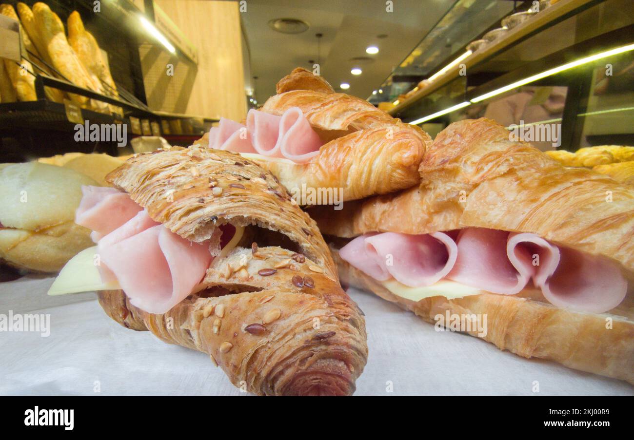 Ham and cheese croissants. Bakery background at bottom Stock Photo - Alamy