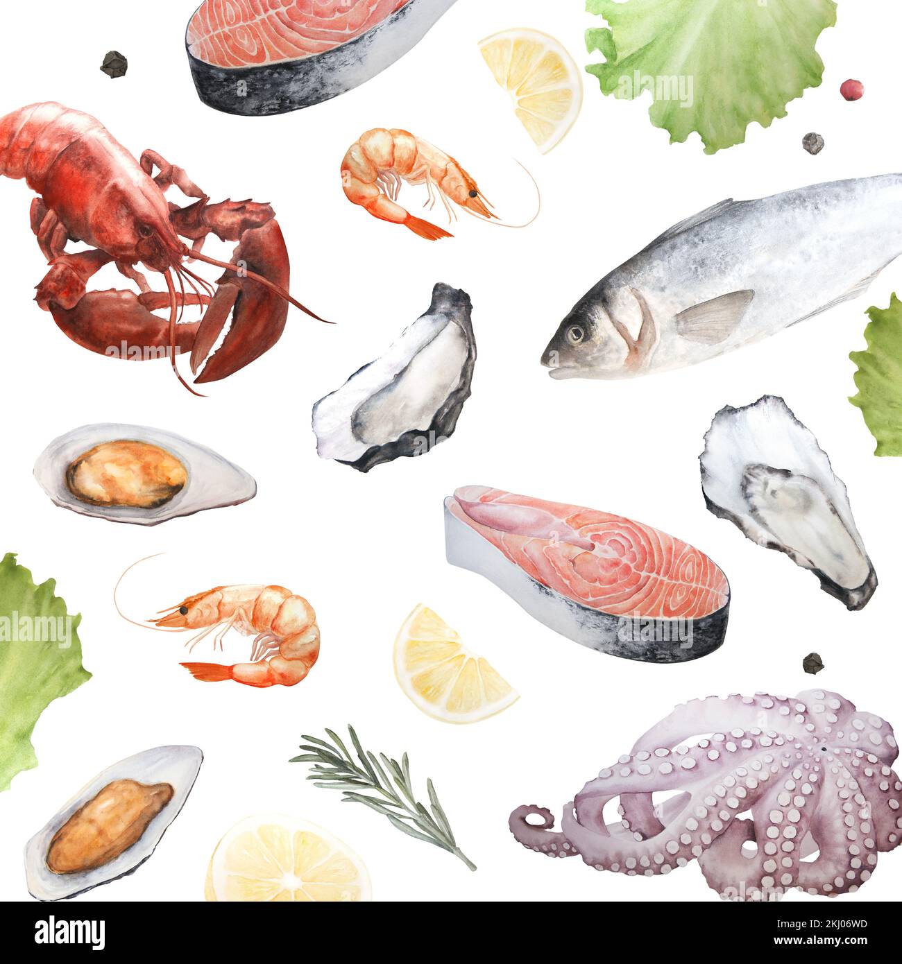 Seafood watercolor illustration, vertical banner on white background ...