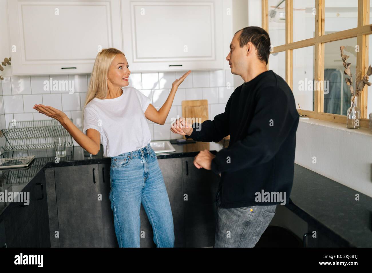 Portrait of angry jealous wife scolding, raising voice, gesturing with ...