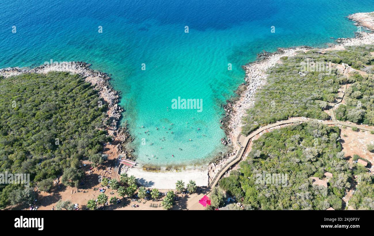 Aerial drone view of Cleopatra Beach in Sedir Island, Marmaris, Akyaka ...