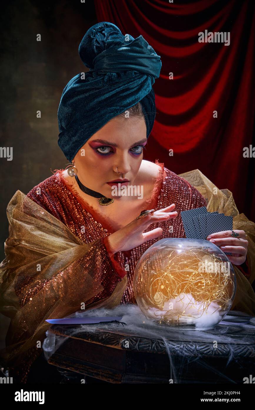 Mysticism. Portrait of mysterious soothsayer and molfarka guesses and ...