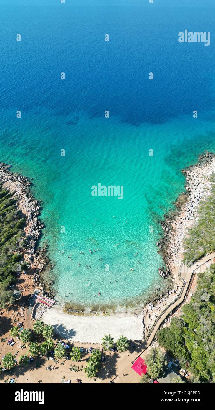 Aerial drone view of Cleopatra Beach in Sedir Island, Marmaris, Akyaka ...