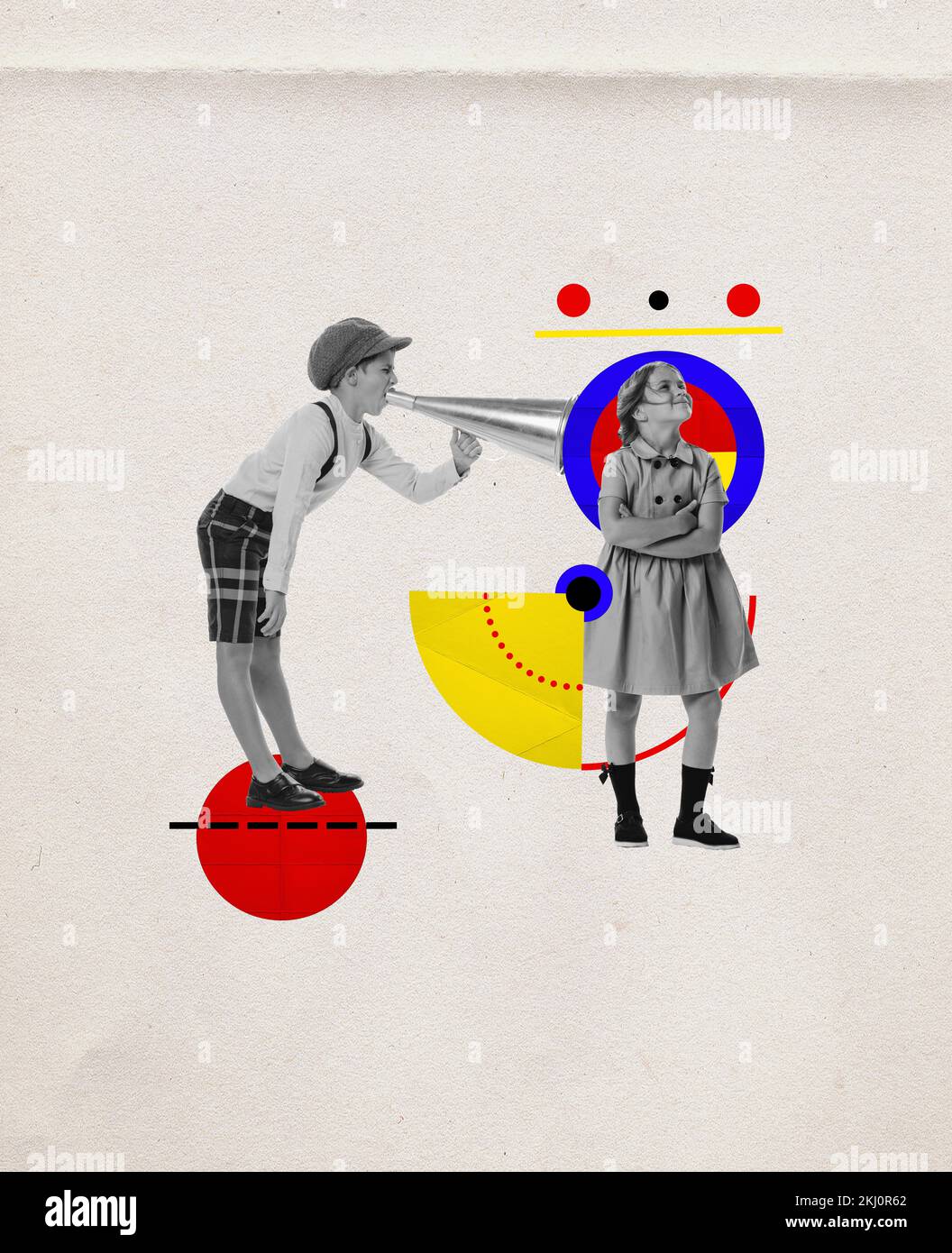 Contemporary art collage. Creative design. Young boy shouting in ...