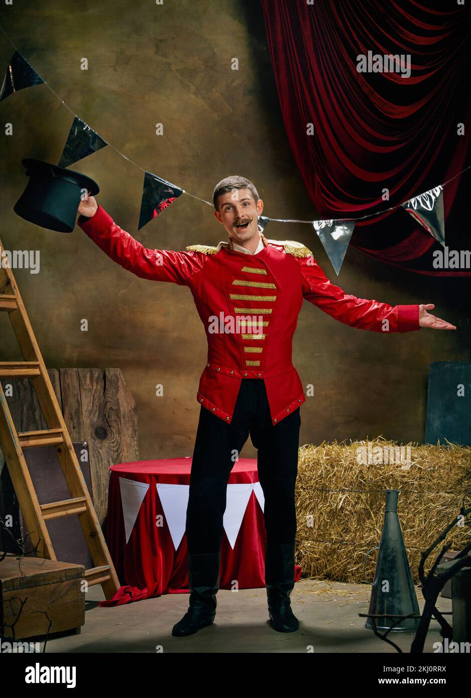 Greeting. Illusionist or showman. Happy excited man, retro circus ...