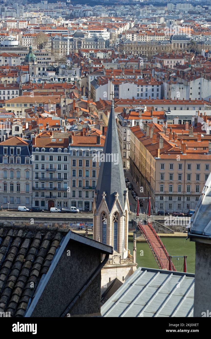 Saint-George ball tower over Saone river and roofs of Lyon city center ...