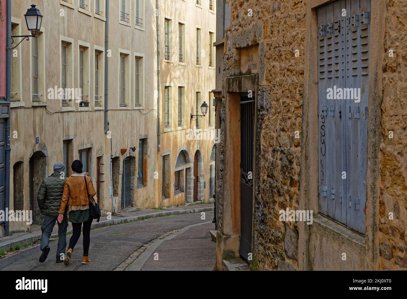 LYON, FRANCE, January 3, 2022 : Couple walking in the old streets of ...