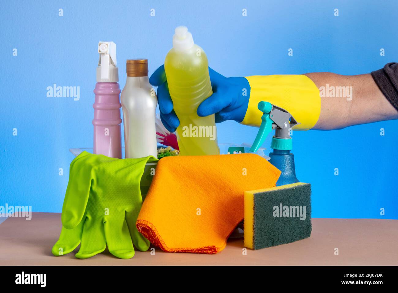 basket with cleaning products for home hygiene use with plastic ...