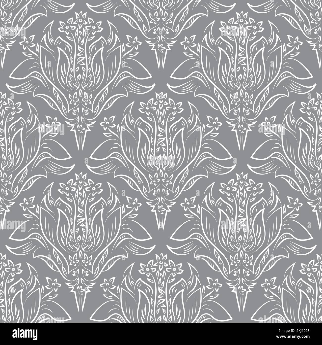 Damask flower bouquet vector seamless vector pattern. White soft gray ...